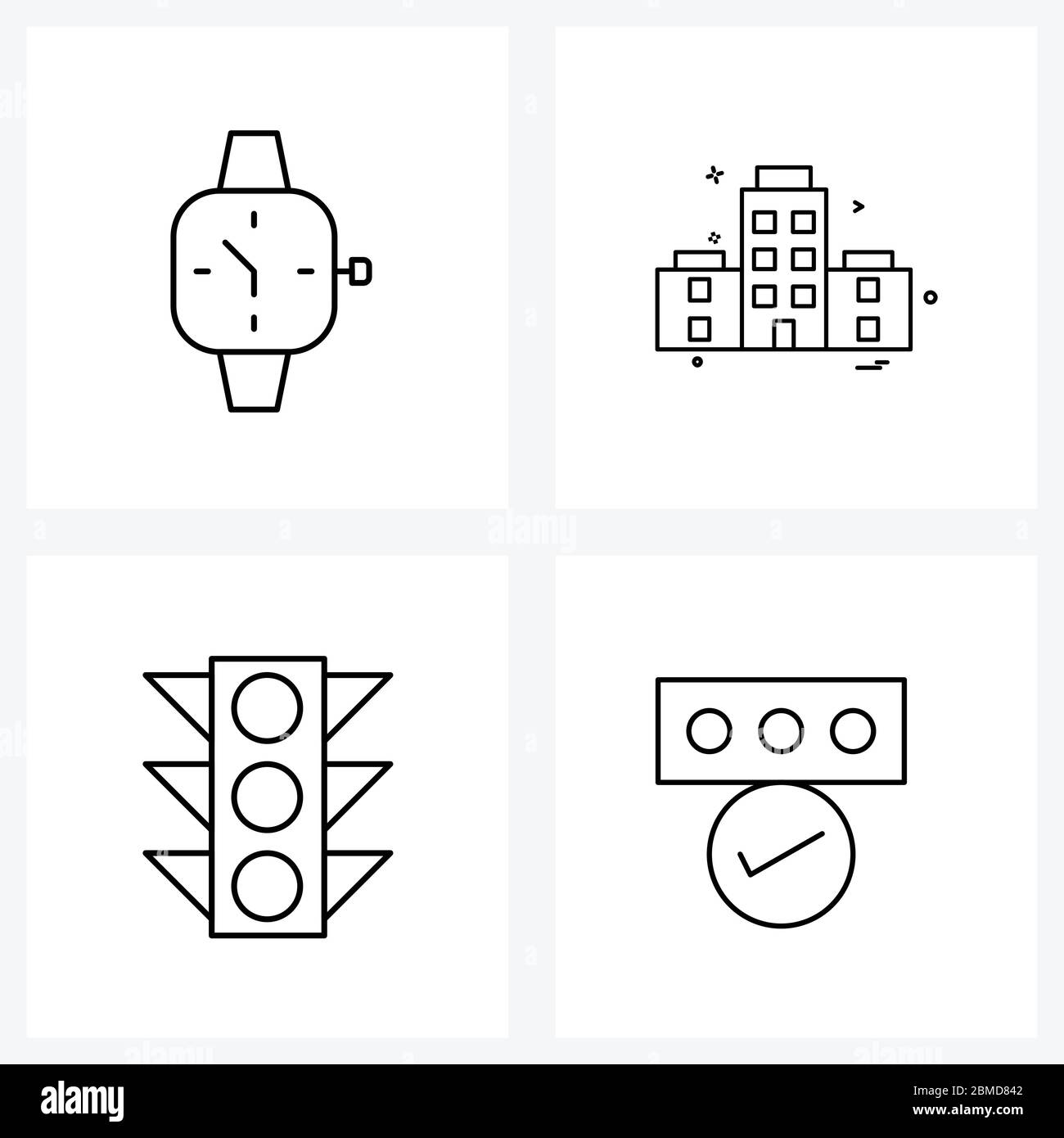 Set of 4 Simple Line Icons of clock, authentication, buildings, traffic ...