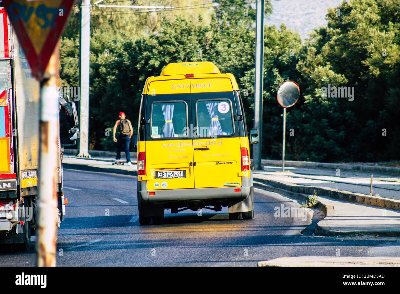 Athens Greece September 9, 2019 View of a Greek yellow school bus ...
