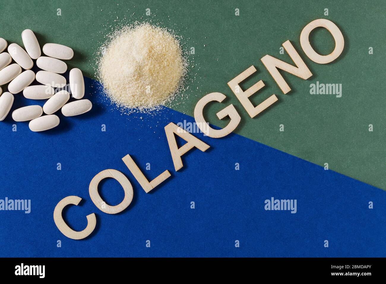 Hydrolyzed and co-compressed collagen on blue background, top view ...
