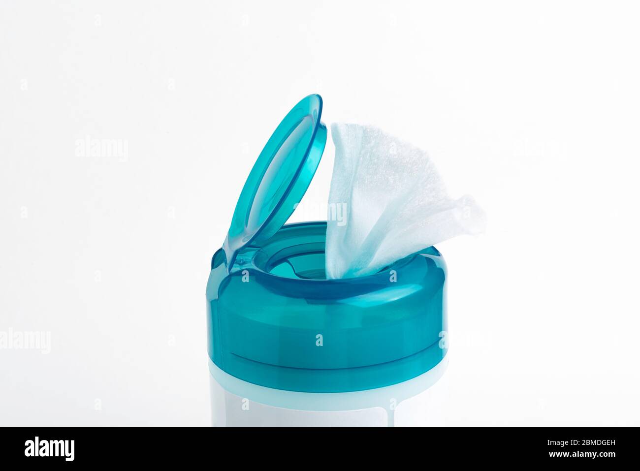 A close-up shot of an open aquamarine push top cap of a disinfectant ...