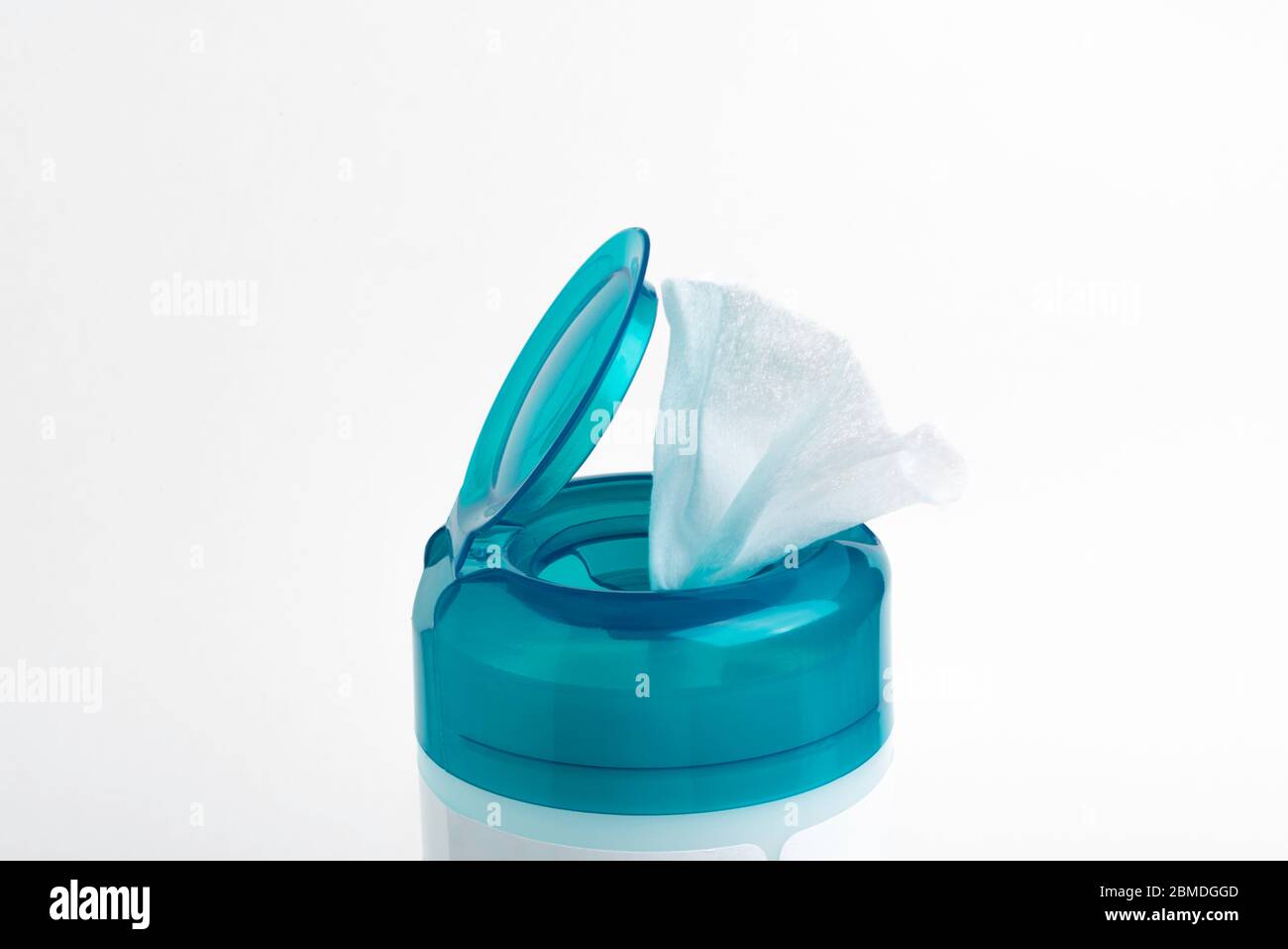 A close-up shot of an open aquamarine push top cap of a disinfectant ...