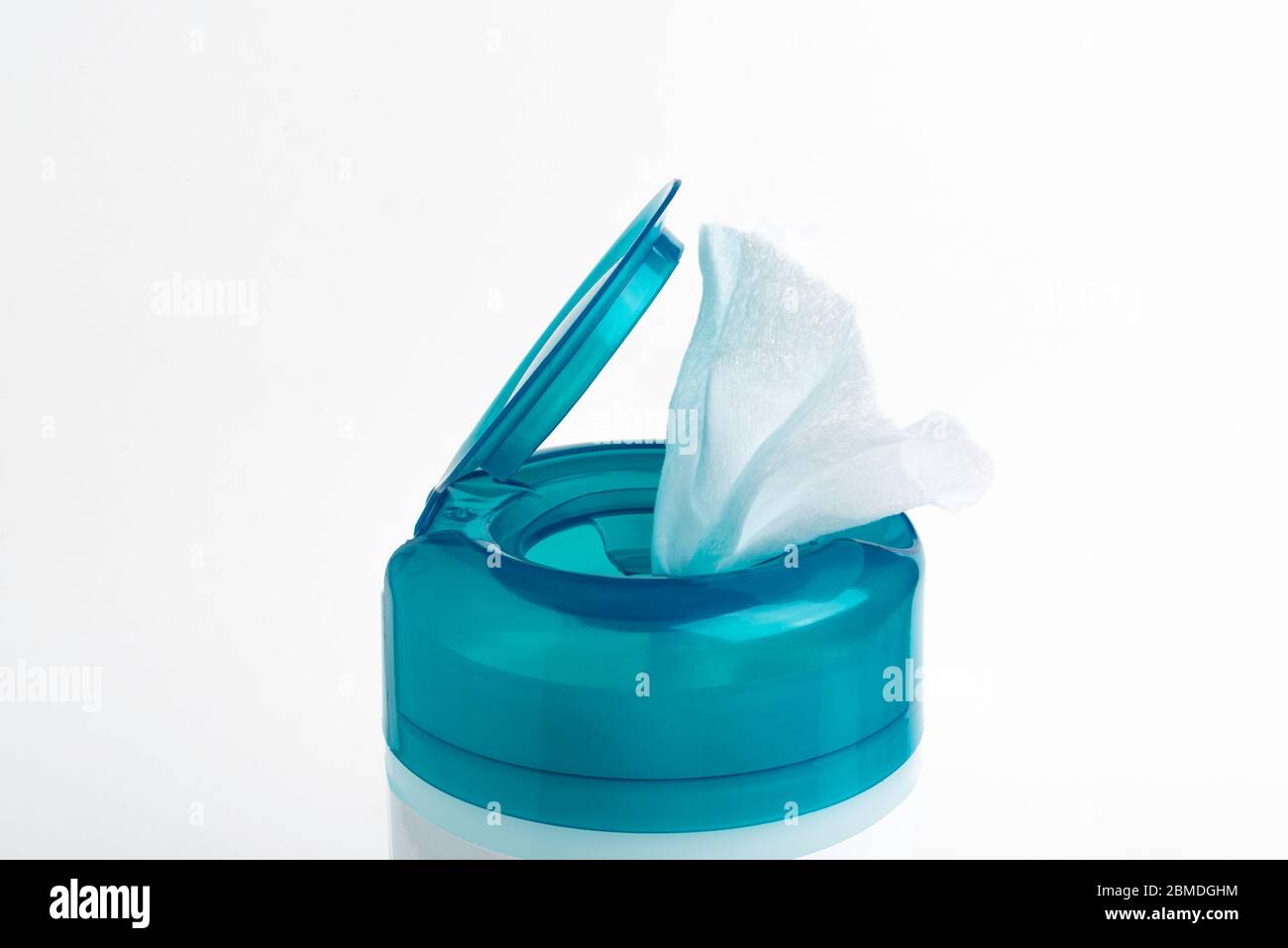A close-up shot of an open aquamarine push top cap of a disinfectant ...