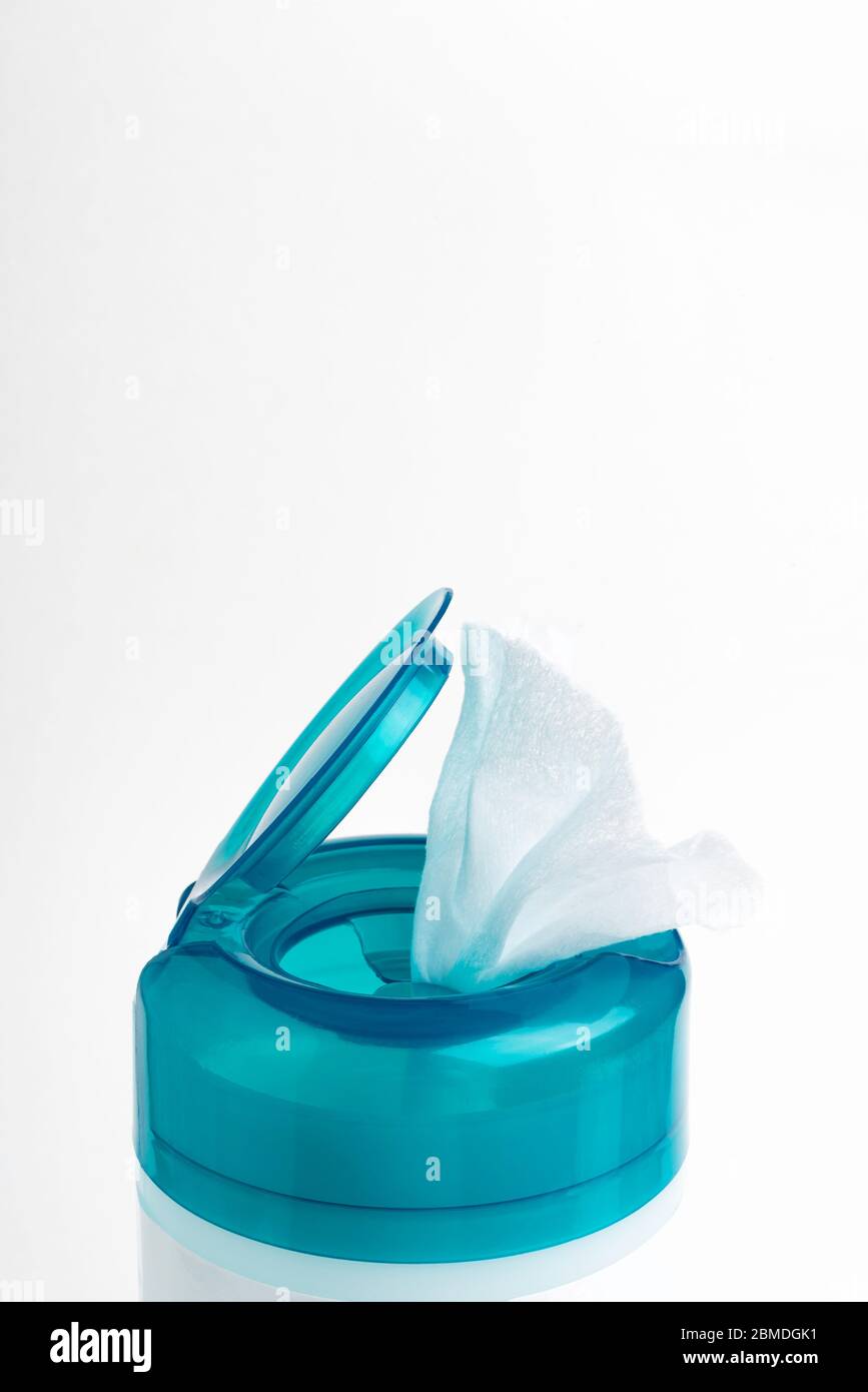 A close-up shot of an open aquamarine push top cap of a disinfectant ...