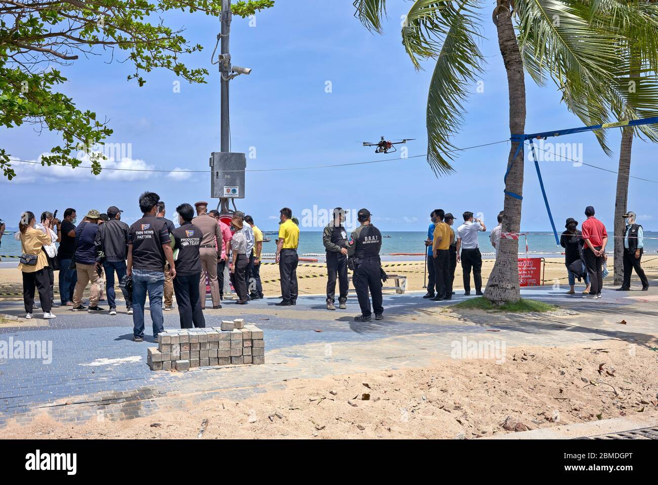 COVID-19 lockdown. Drone surveillance check at Pattaya beach Thailand ...