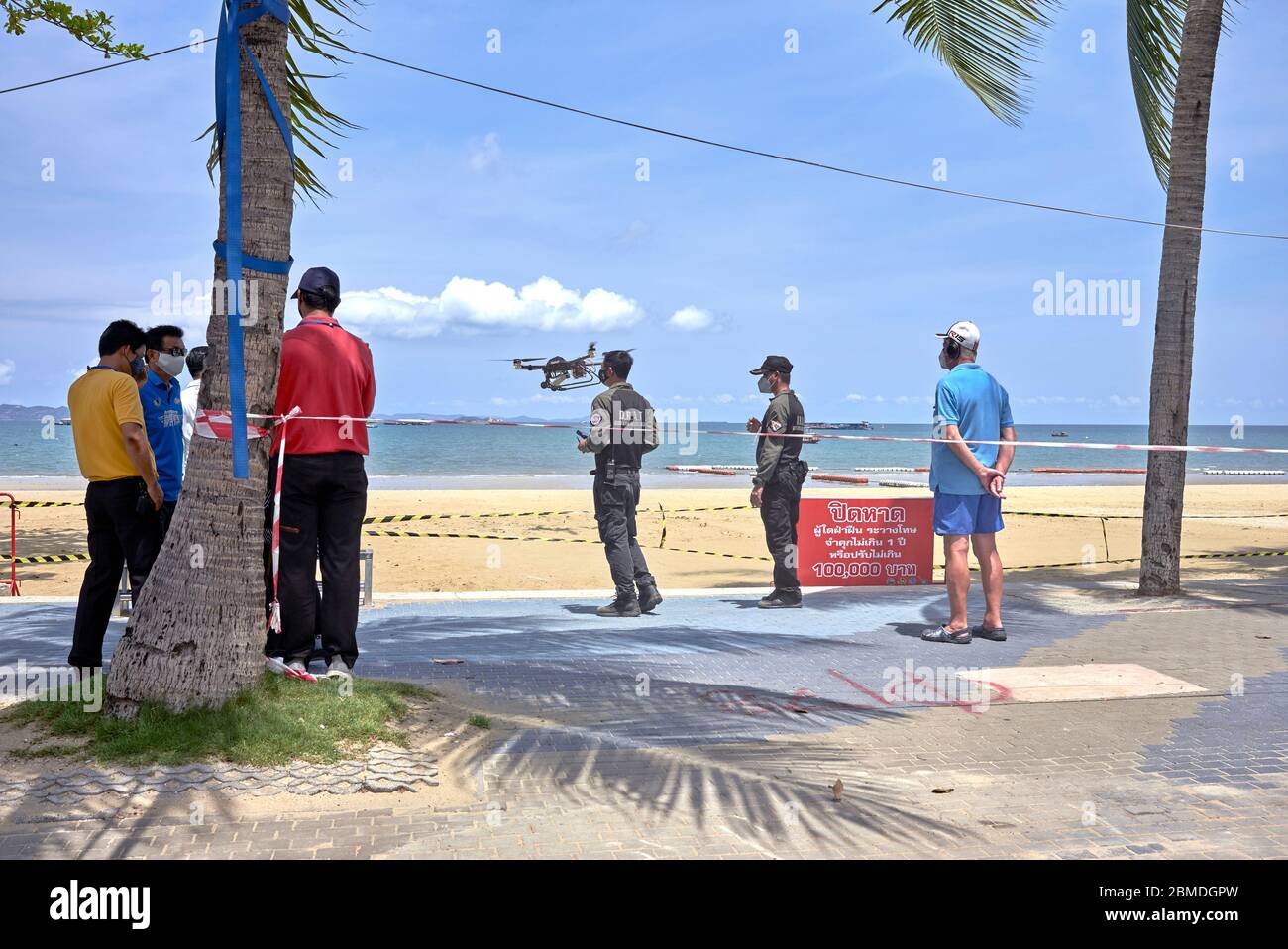 COVID-19 lockdown. Drone surveillance check at Pattaya beach Thailand ...