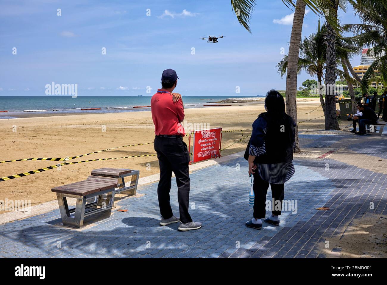 COVID-19 lockdown. Drone surveillance check at Pattaya beach Thailand ...