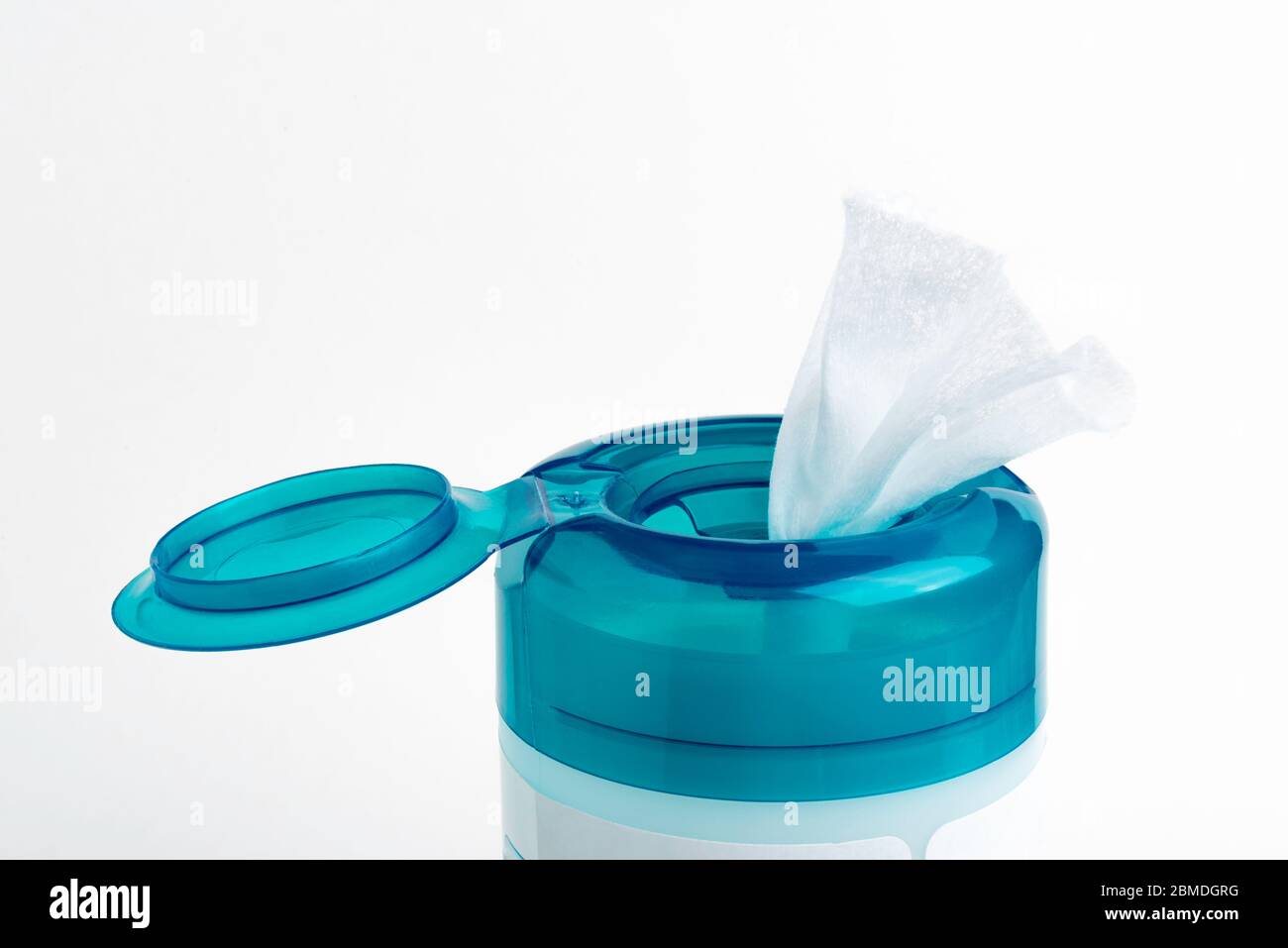 A close-up shot of an open aquamarine push top cap of a disinfectant ...