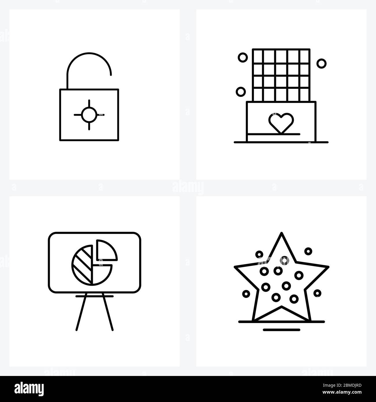UI Set of 4 Basic Line Icons of unlock, pie chart board, open, love ...
