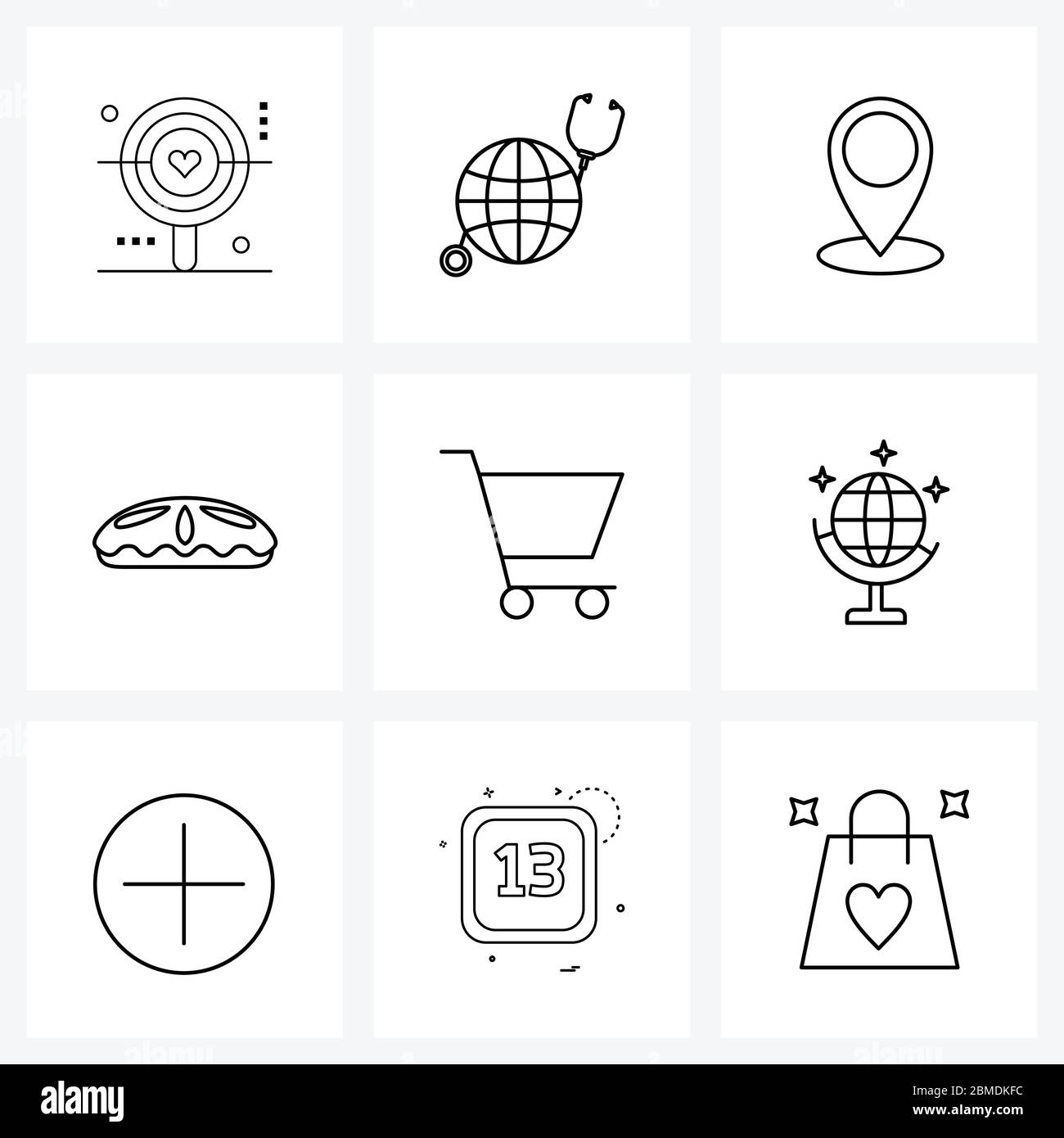 Set of 9 Line Icon Signs and Symbols of globe, trolley, map, cart, food ...