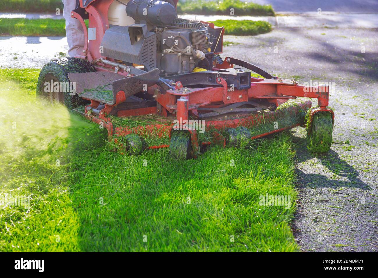 Gardening activity, lawn mower cutting the grass driven lawn mower in ...