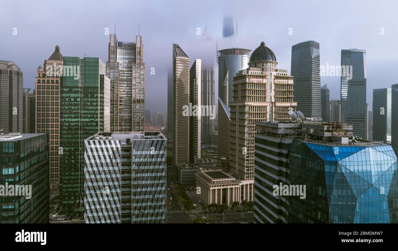 aerial view of Shanghai Landmark Building in fog Stock Photo - Alamy