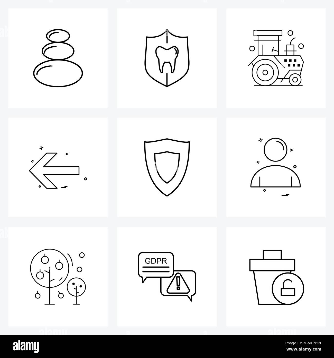 Modern Style Set of 9 line Pictograph Grid based shield, arrow, secure ...