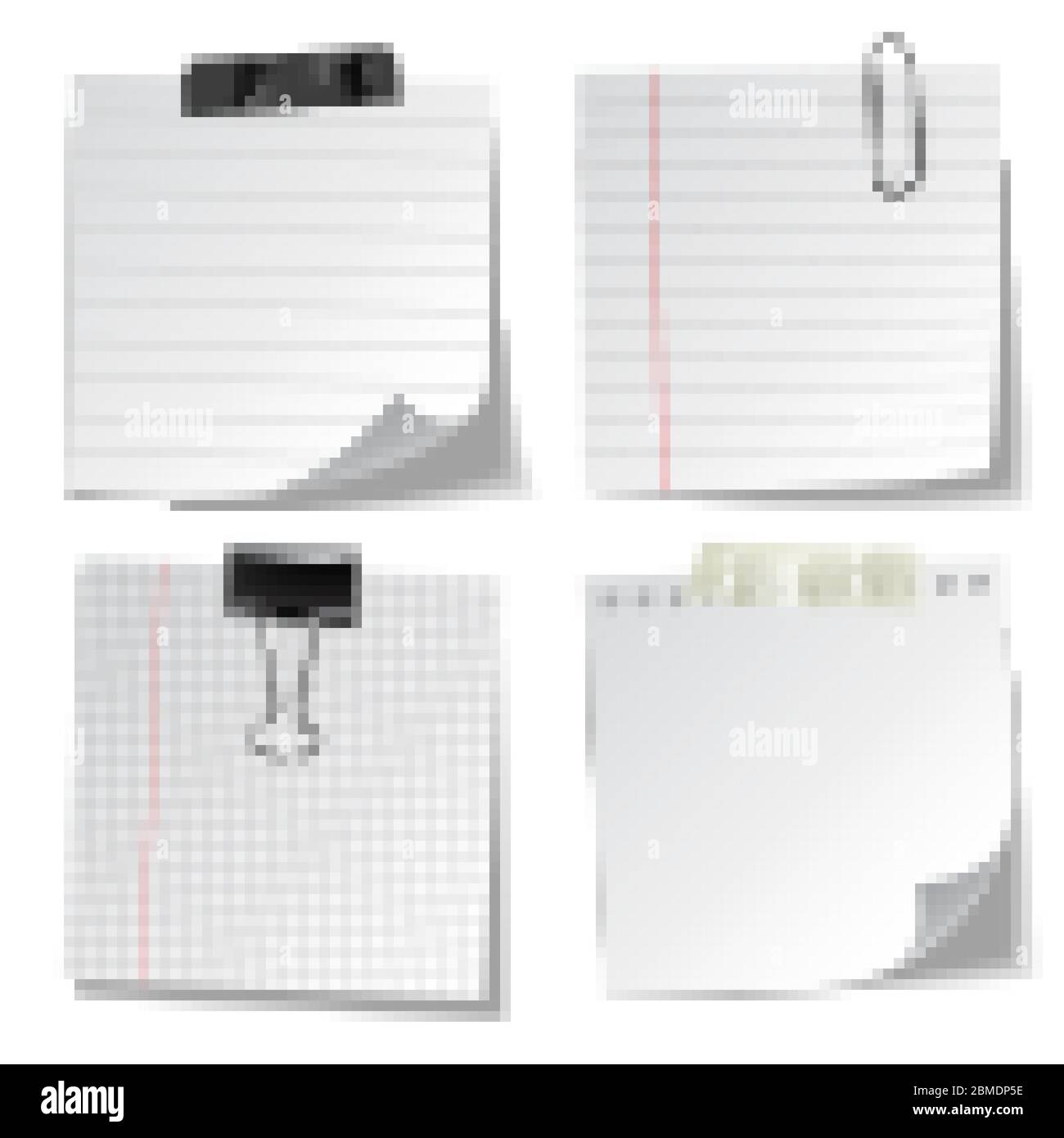 Realistic lined sticky notes with clip binder and adhesive tape. Blank ...
