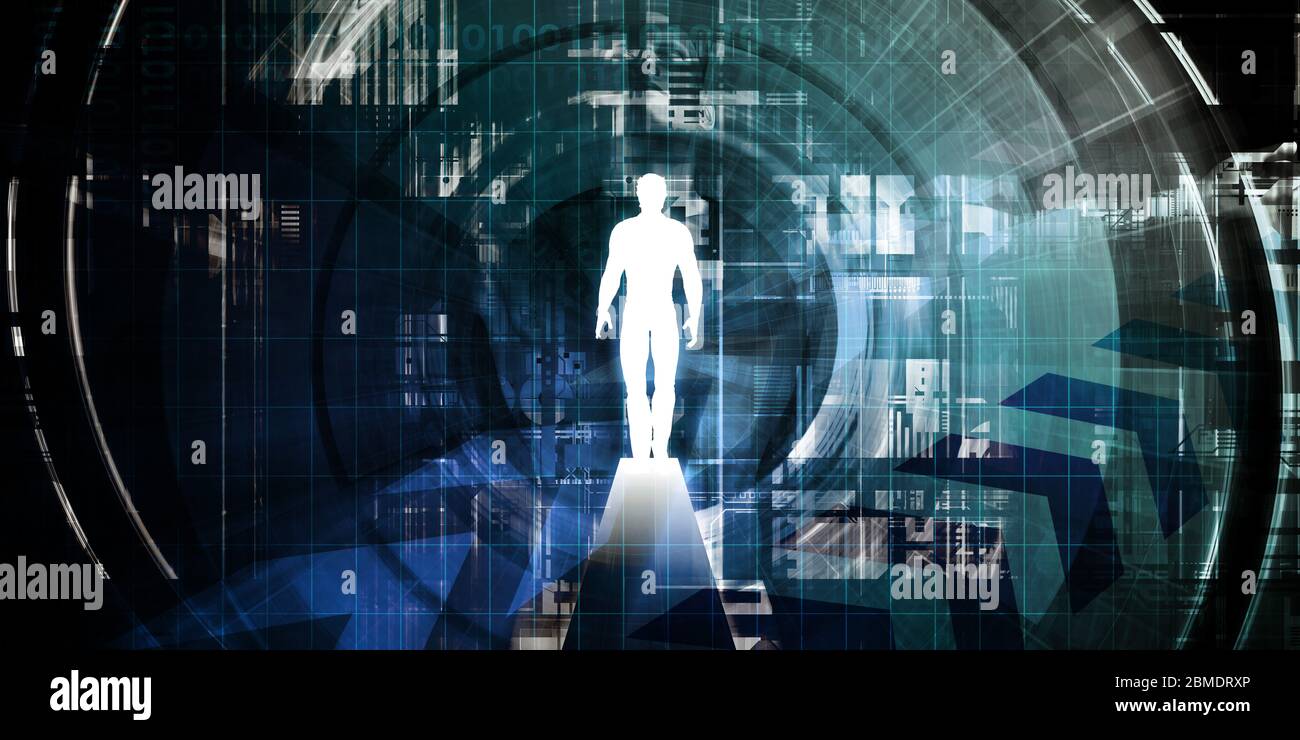 Man Surrounded By Technology Data and Information Art Stock Photo - Alamy