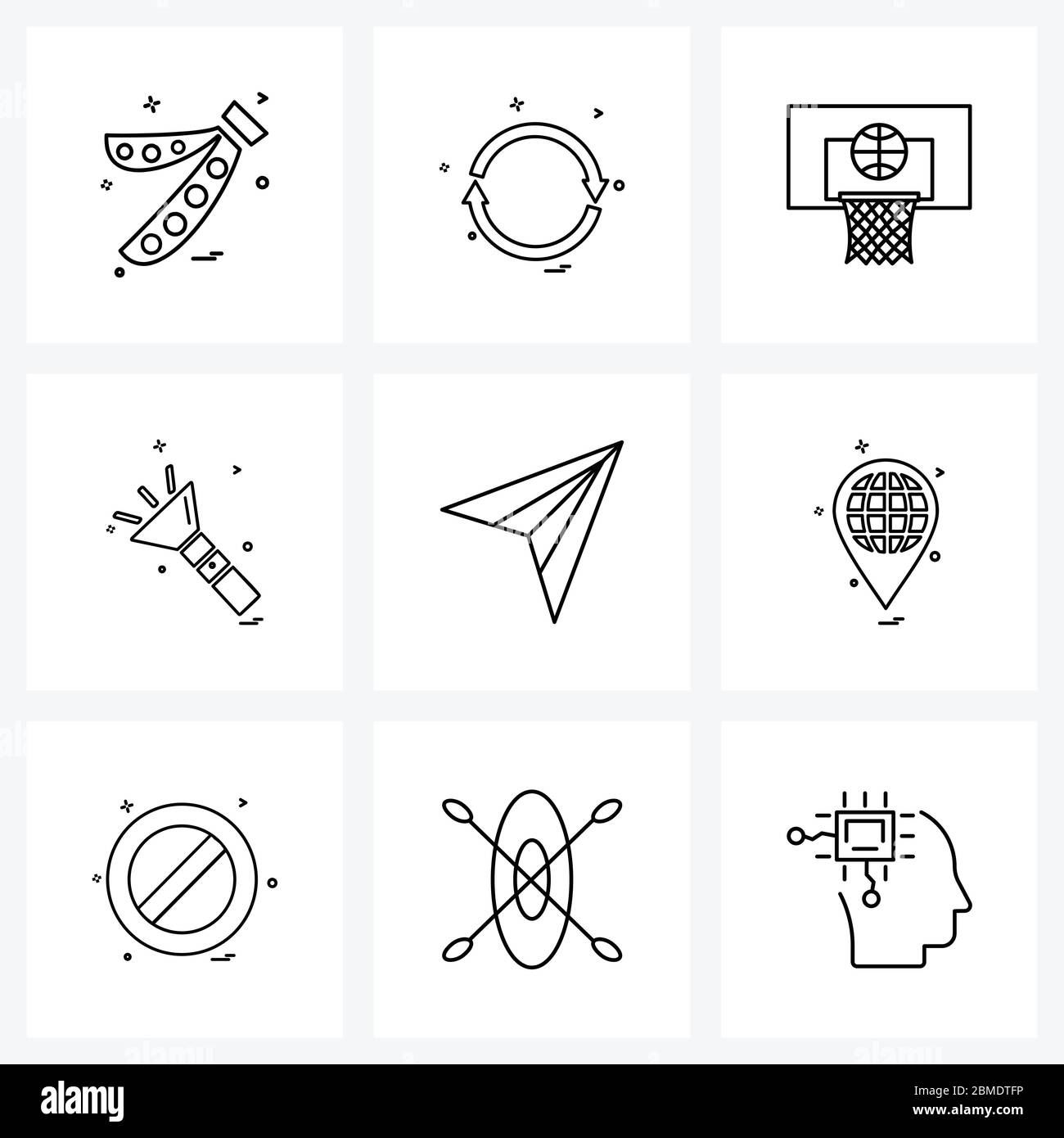 Universal Symbols of 9 Modern Line Icons of bulb, torch, net, torch ...
