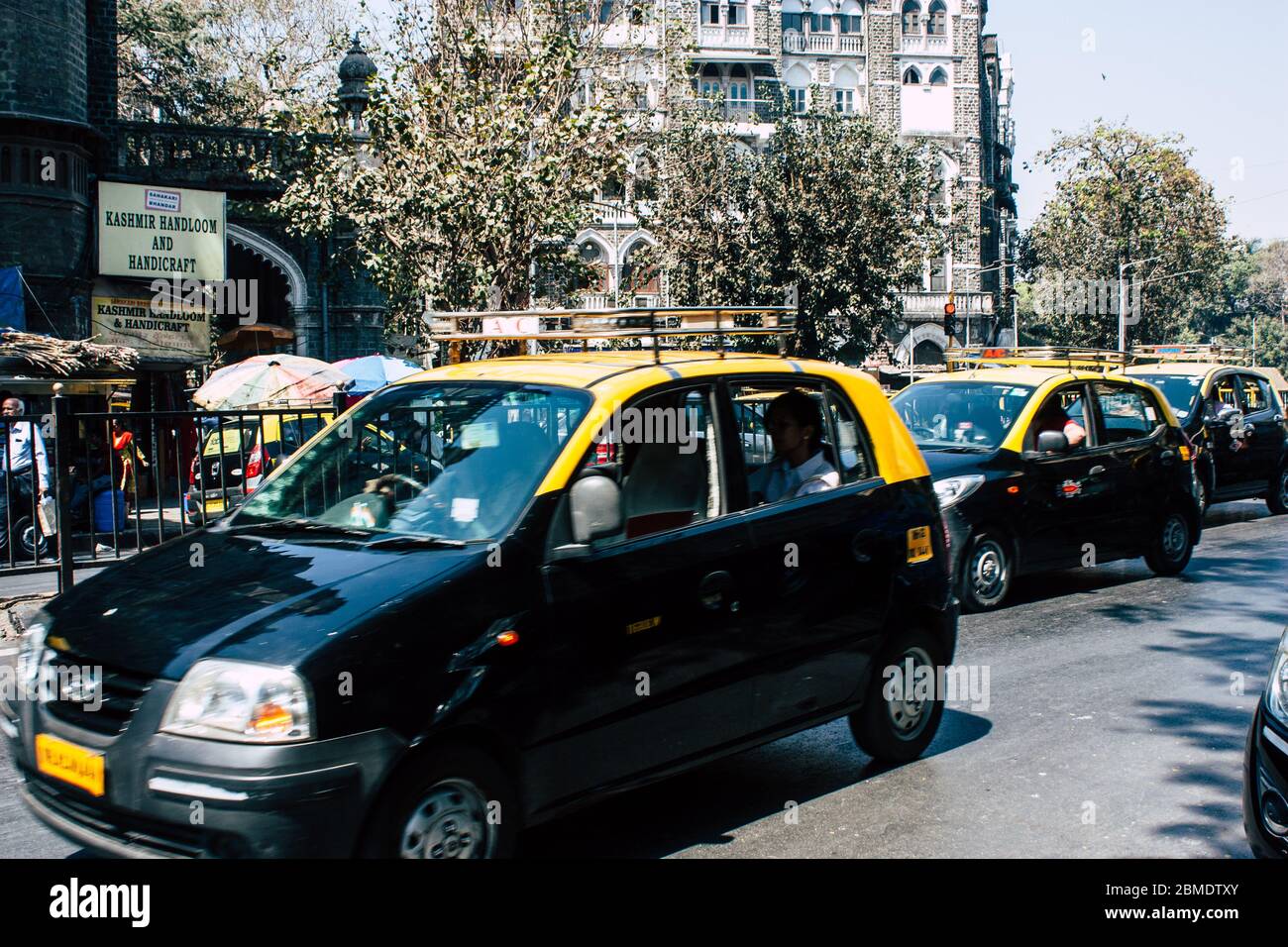 Mumbai India March 1, 2019 View of a traditional black and yellow taxi ...
