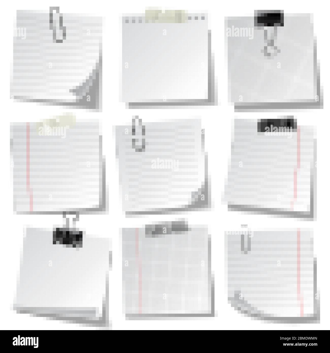 Realistic lined sticky notes with clip binder and adhesive tape. Blank ...