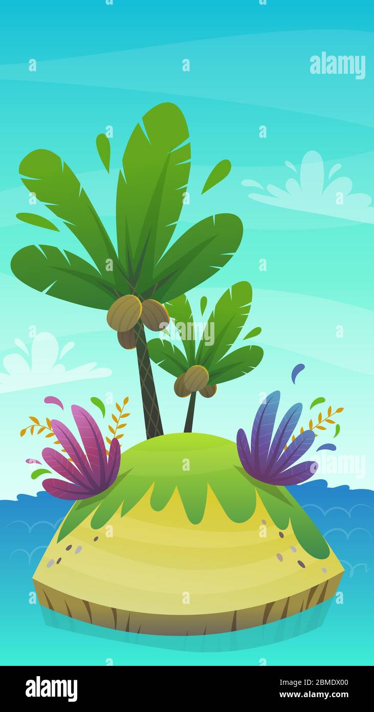 cartoon desert tropic island with coconut palm tree and exotic funny ...