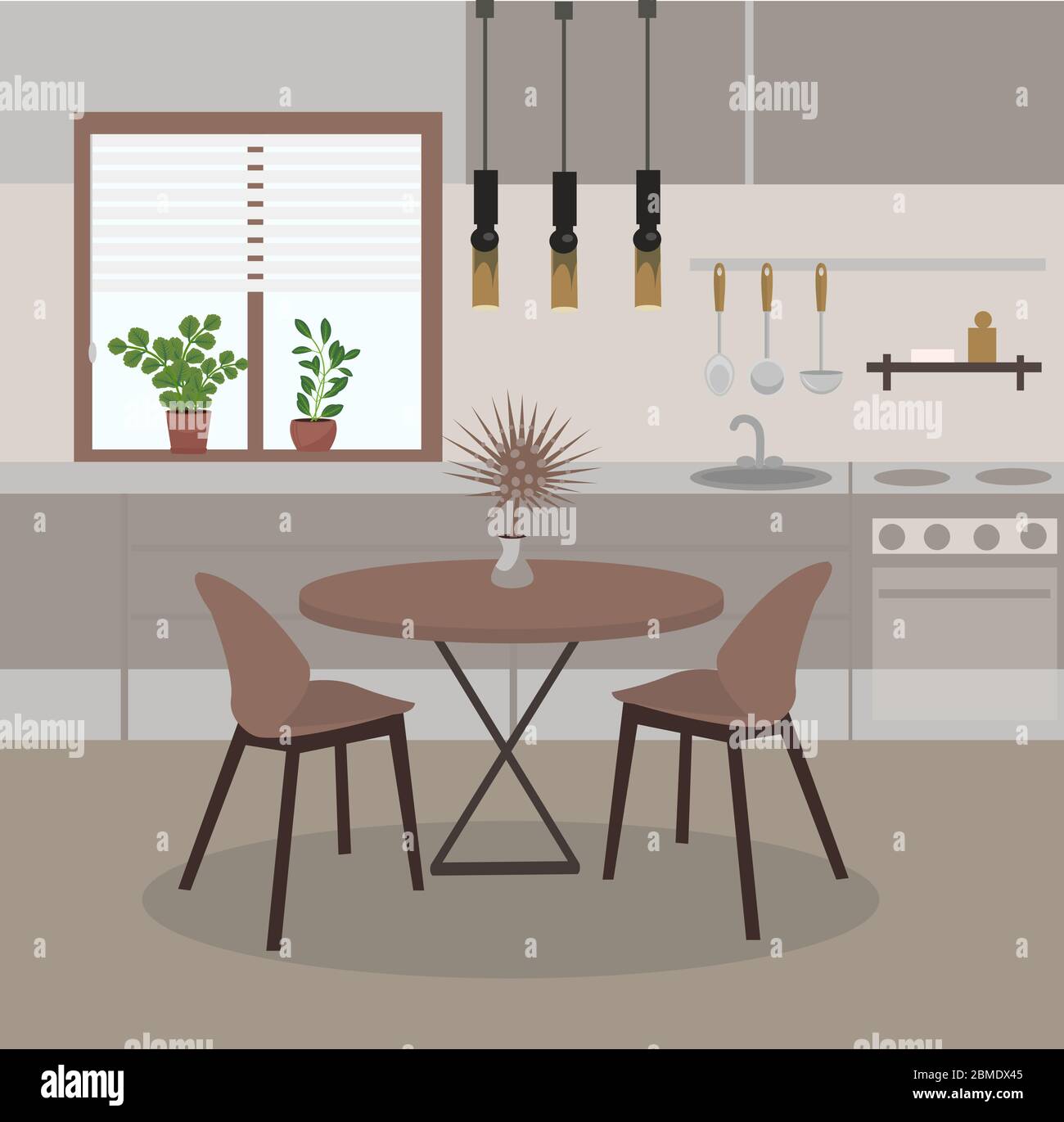 Modern Kitchen interior with window, dining table, kitchen utensils ...