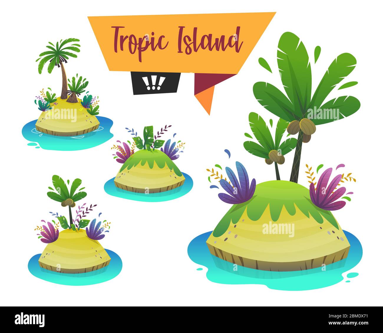 tropical island cartoon style set. funny and cheerful beautiful ...