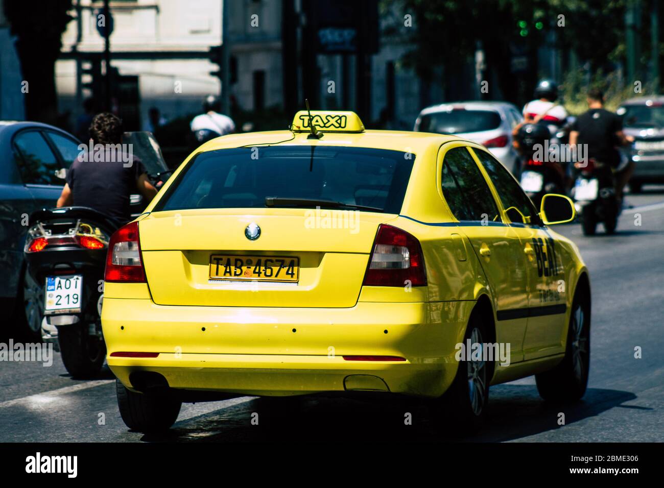 Athens Greece August 28, 2019 View of Greek yellow taxis rolling ...