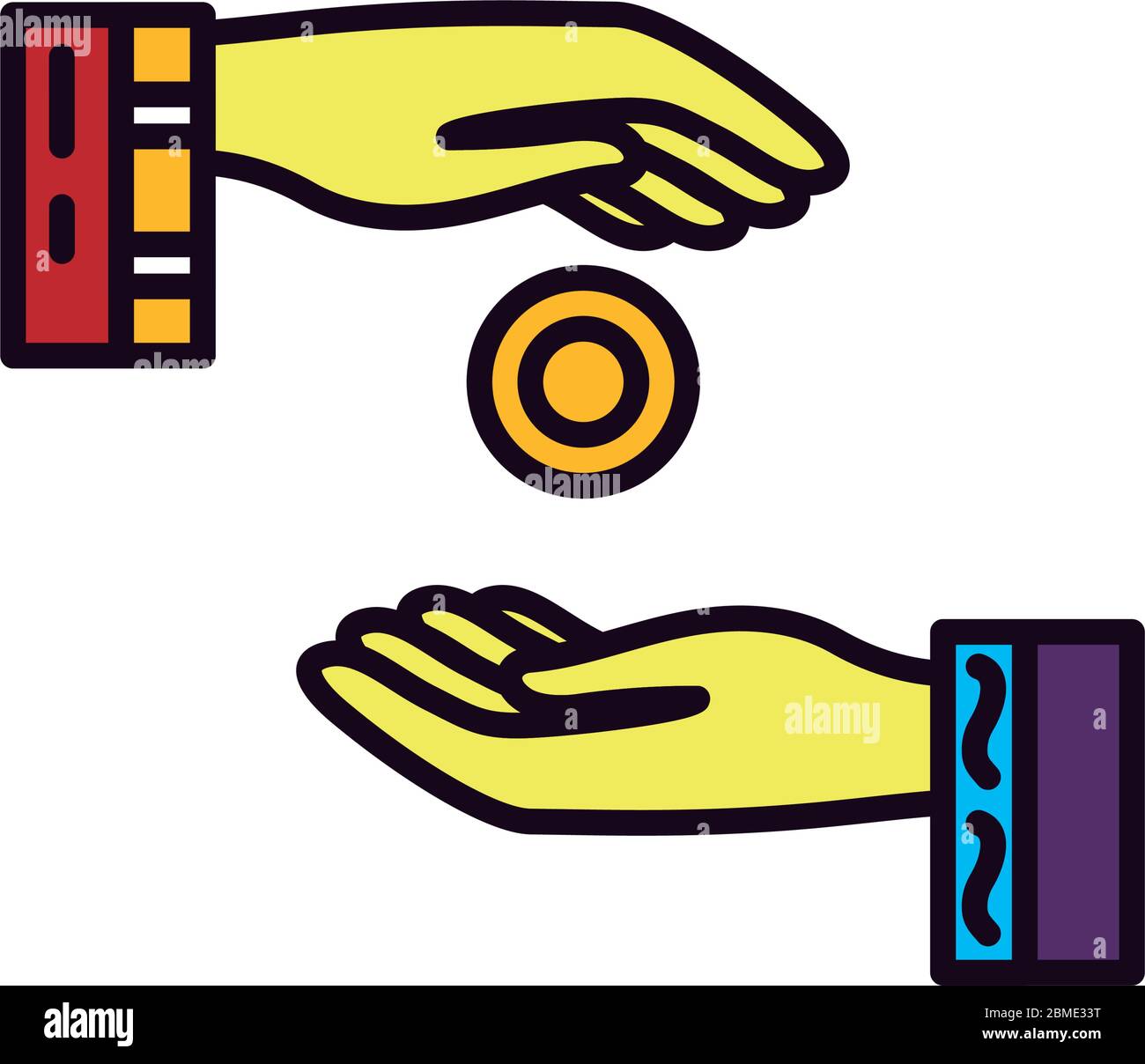 Eid mubarak concept, hand giving a coin to another hand over white ...