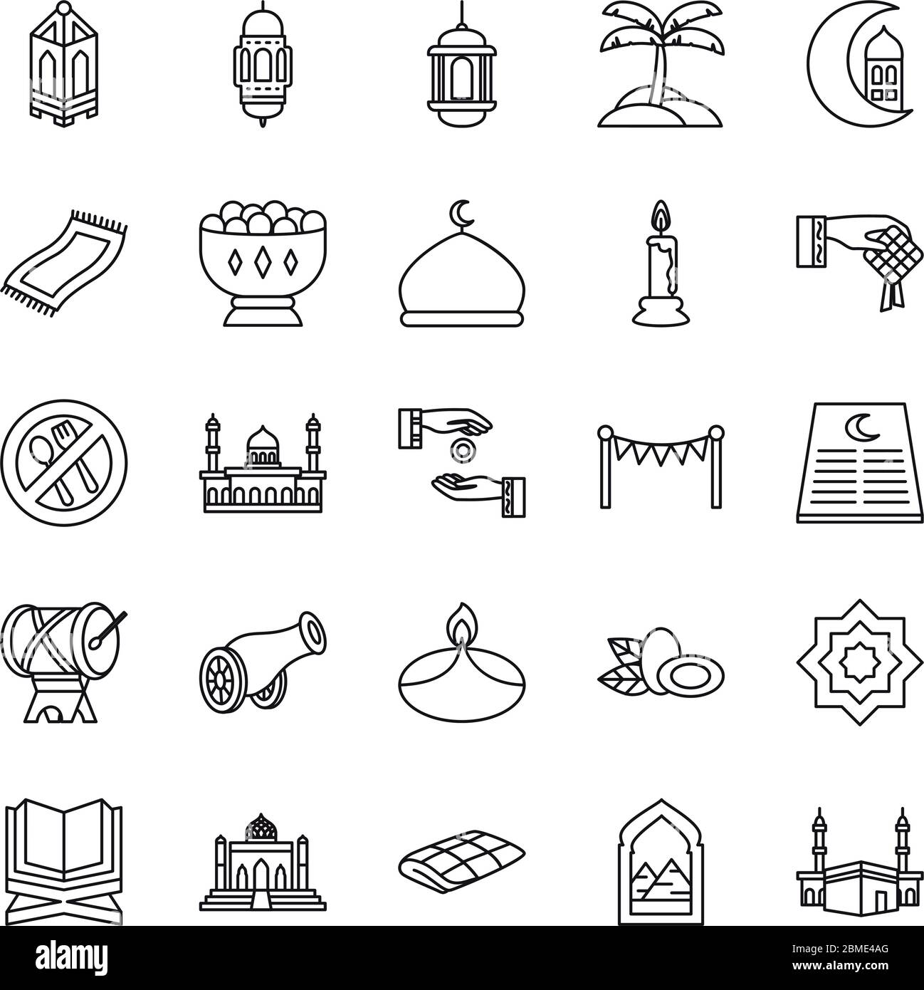 islamic mosque and EID mubarak icon set over white background, line ...