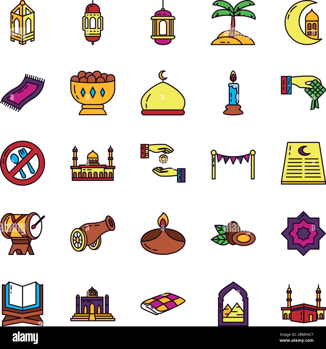 islamic mosque and EID mubarak icon set over white background, line and ...