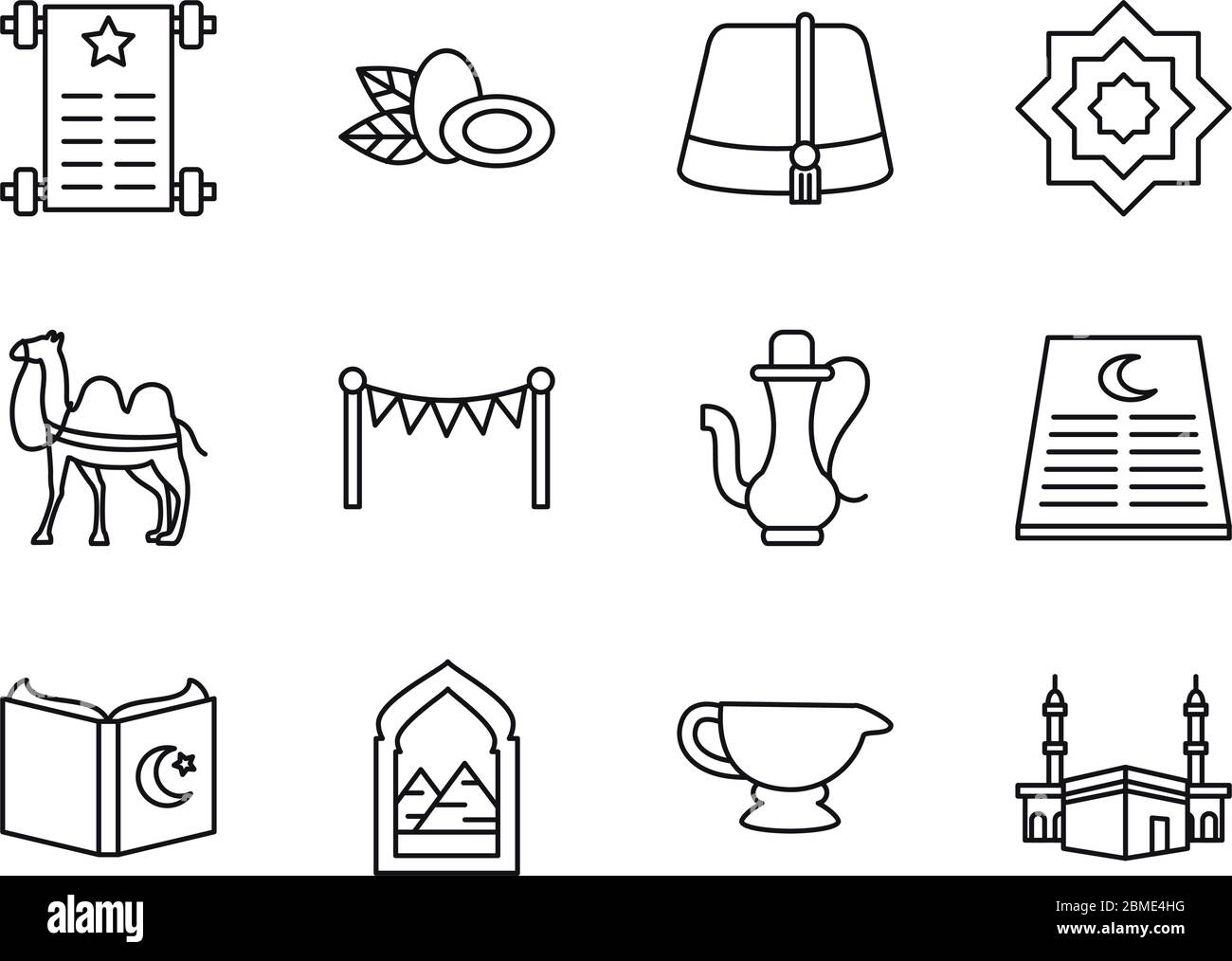 islamic star and Eid mubarak icon set over white background, line style ...