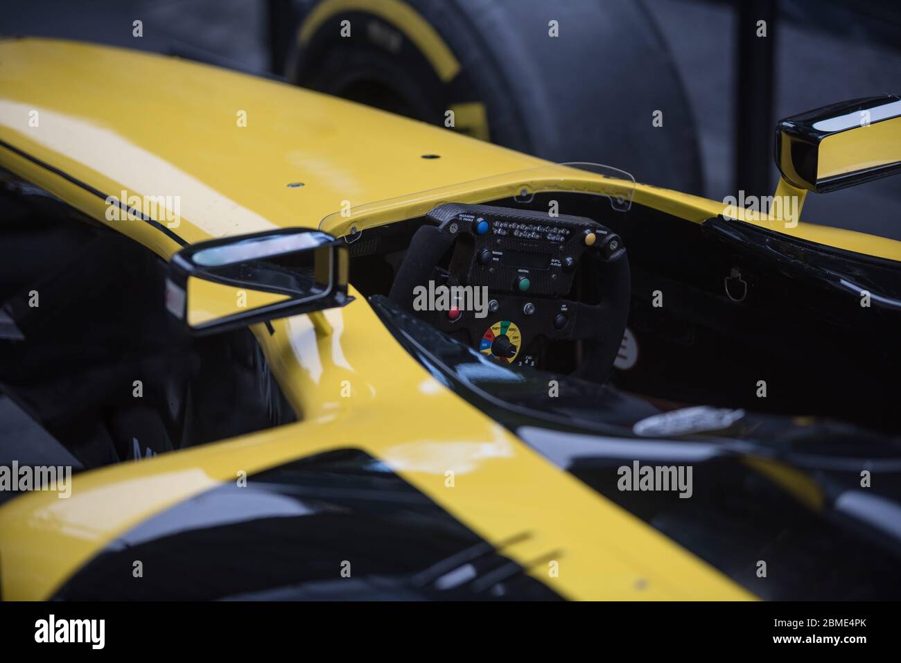 Racing car steering wheel controls detail in cockpit Stock Photo - Alamy