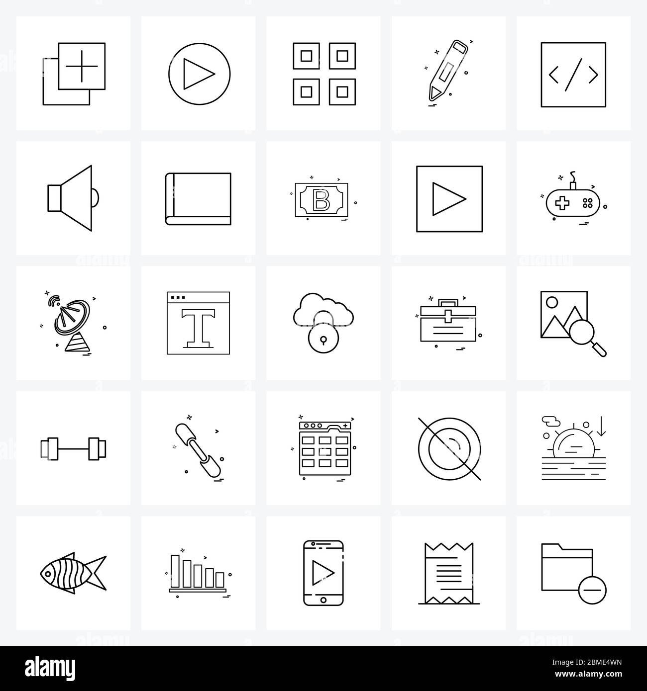Mobile UI Line Icon Set of 25 Modern Pictograms of sound, box, layout ...