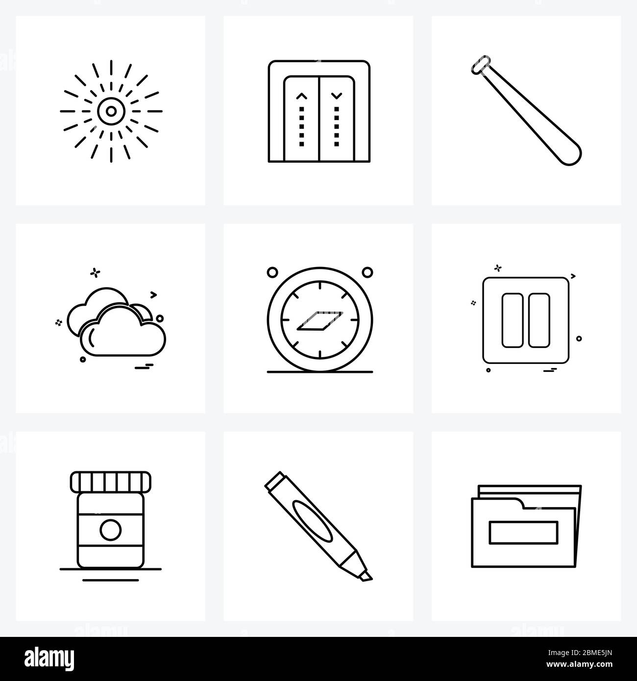 Mobile UI Line Icon Set of 9 Modern Pictograms of circular, sun, bat ...