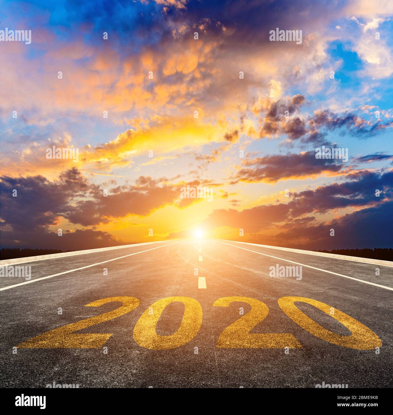 Empty asphalt roads and the New Year 2020 concept. The 2020 number on ...