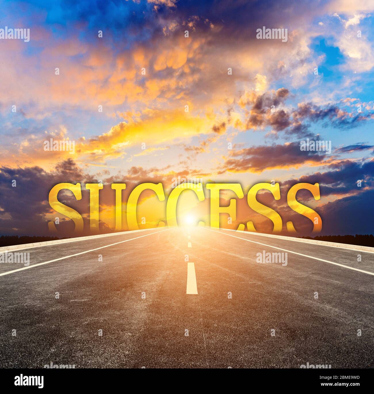 Write "Success" on an empty asphalt road straight ahead. Creative ...