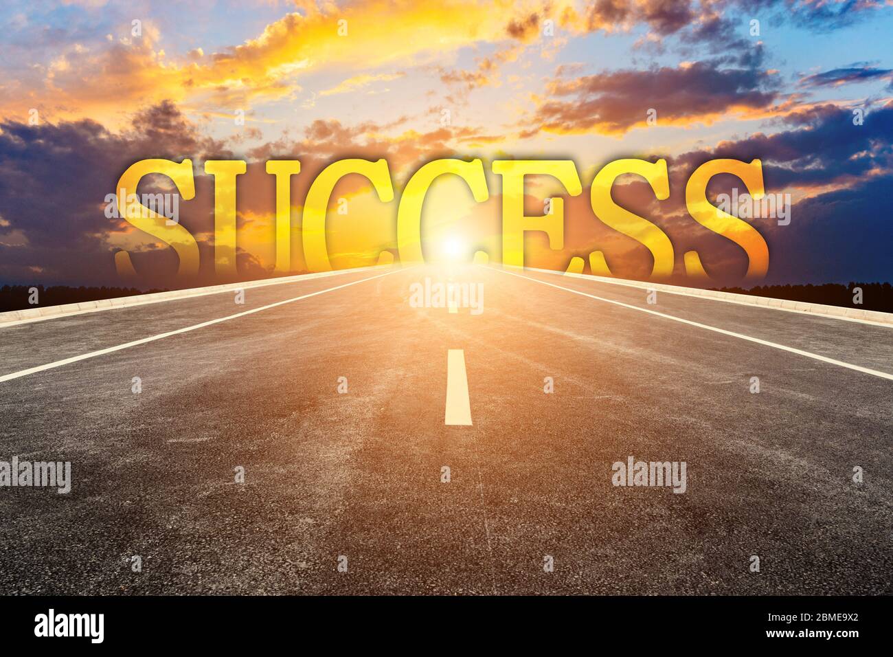 Write "Success" on an empty asphalt road straight ahead. Creative ...