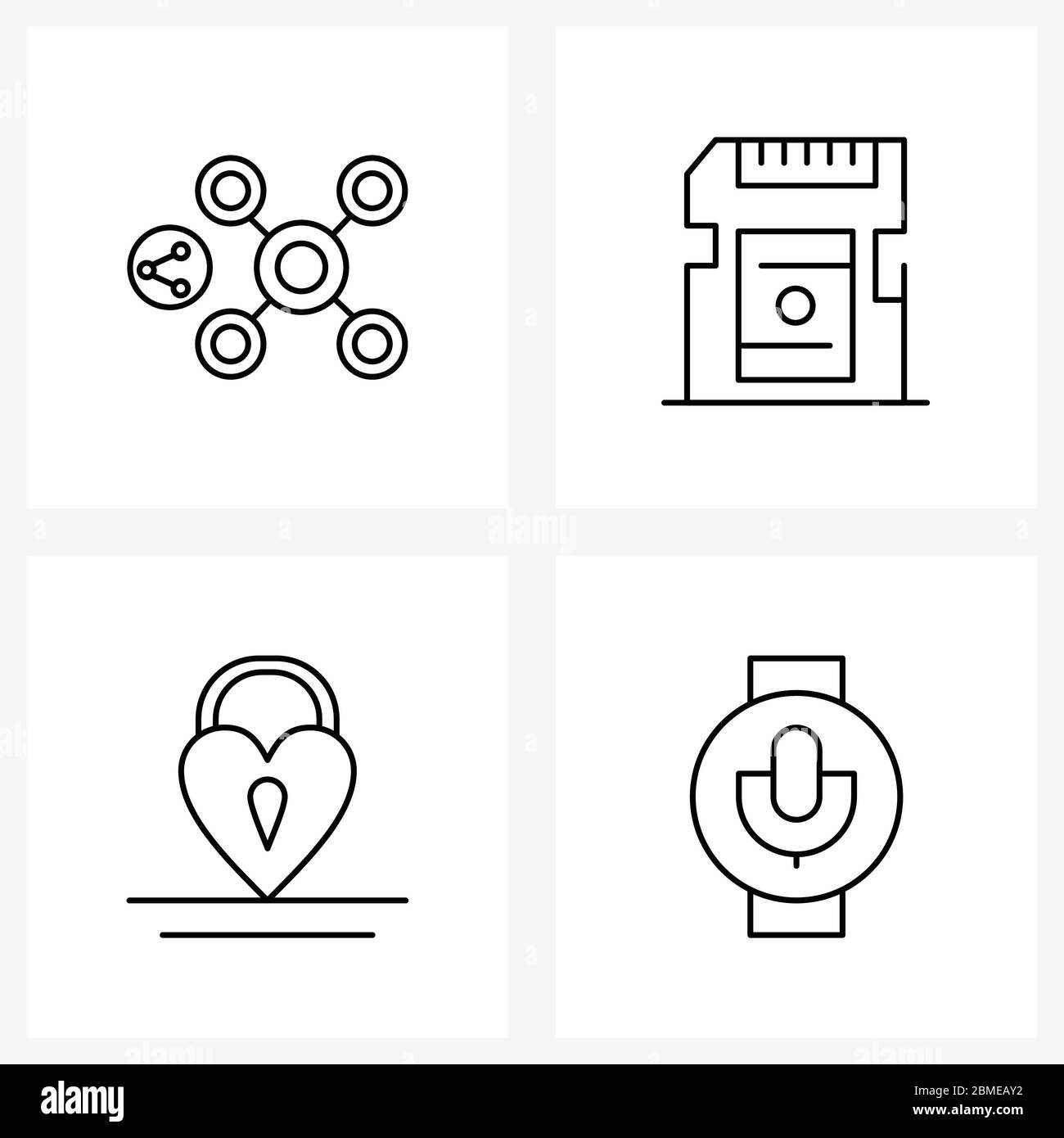 Set of 4 Modern Line Icons of bonding, locked, internet, sim, love ...