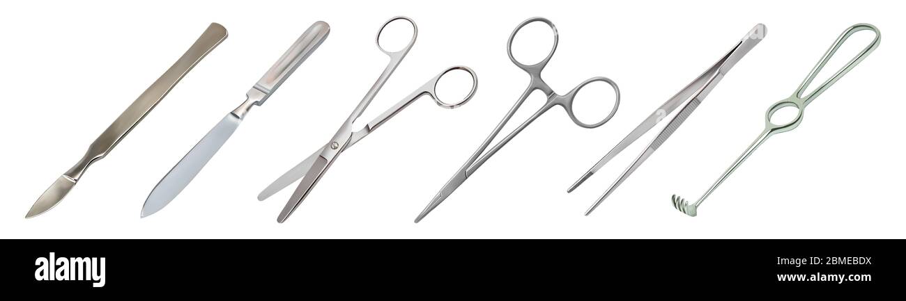 Set of surgical instruments. Tweezers, all-metal reusable scalpel, clip ...