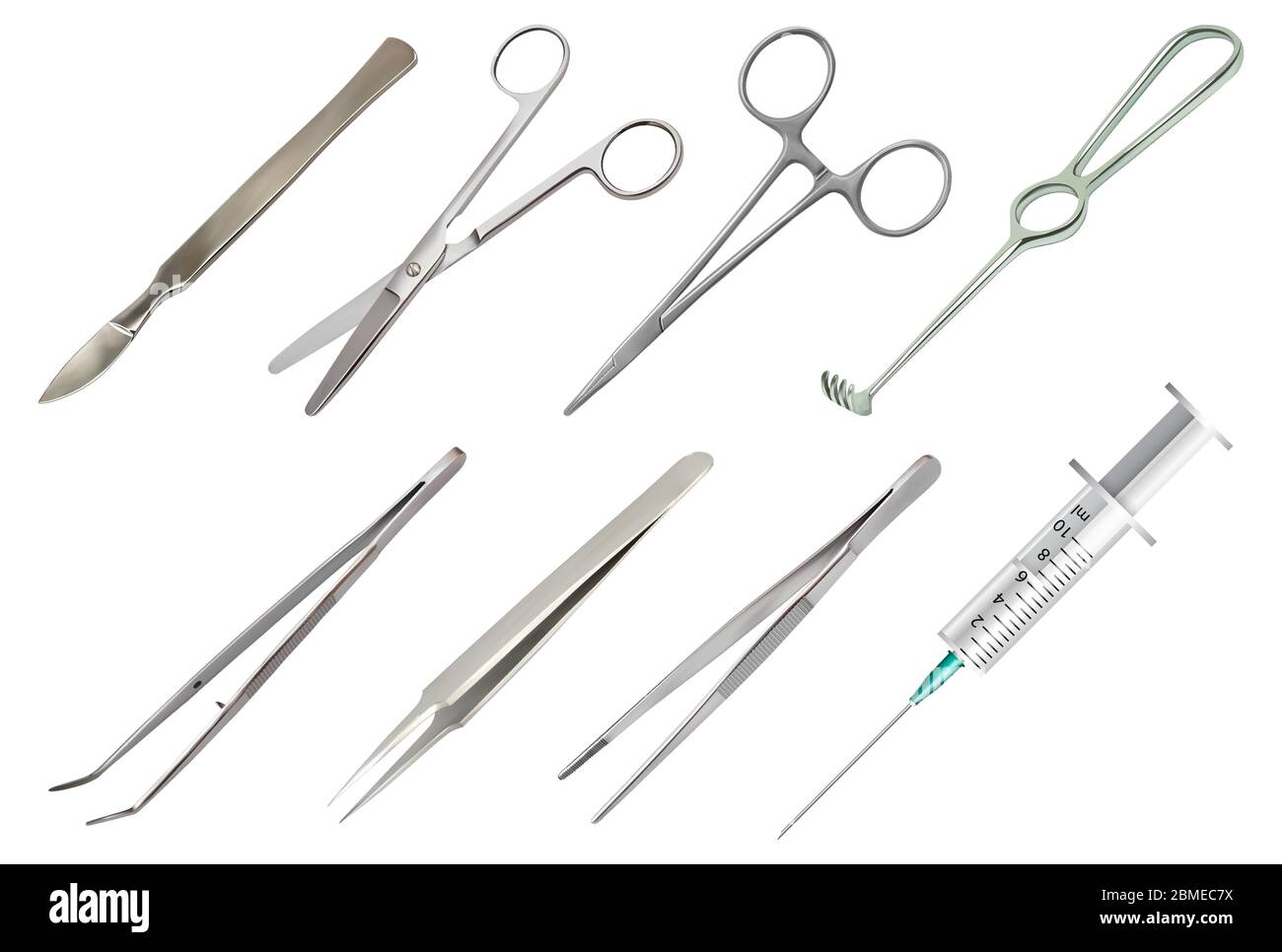 Set of surgical instruments. Different types of tweezers, all-metal ...