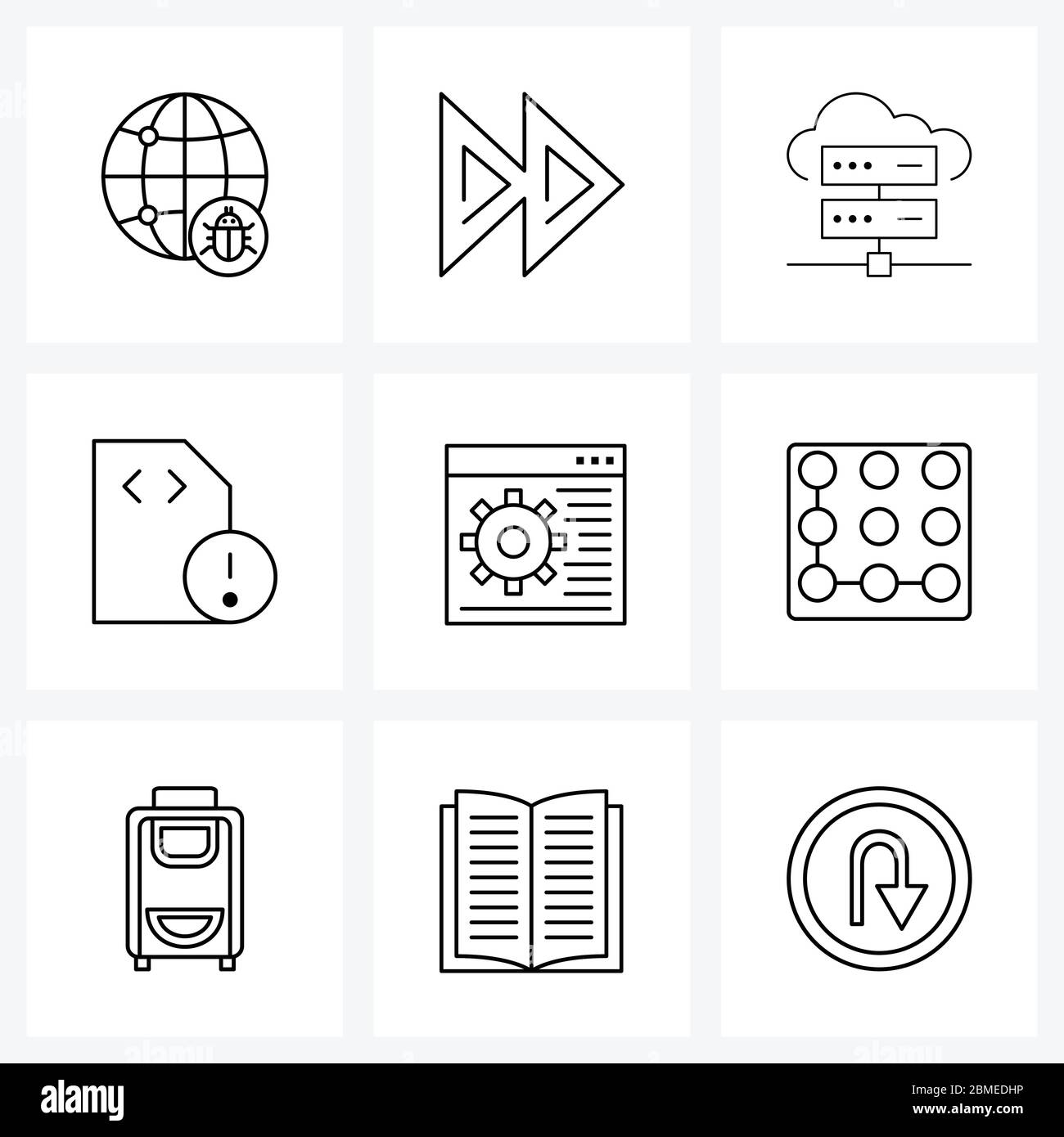 Set of 9 Line Icon Signs and Symbols of web, memory, data, error, alert ...