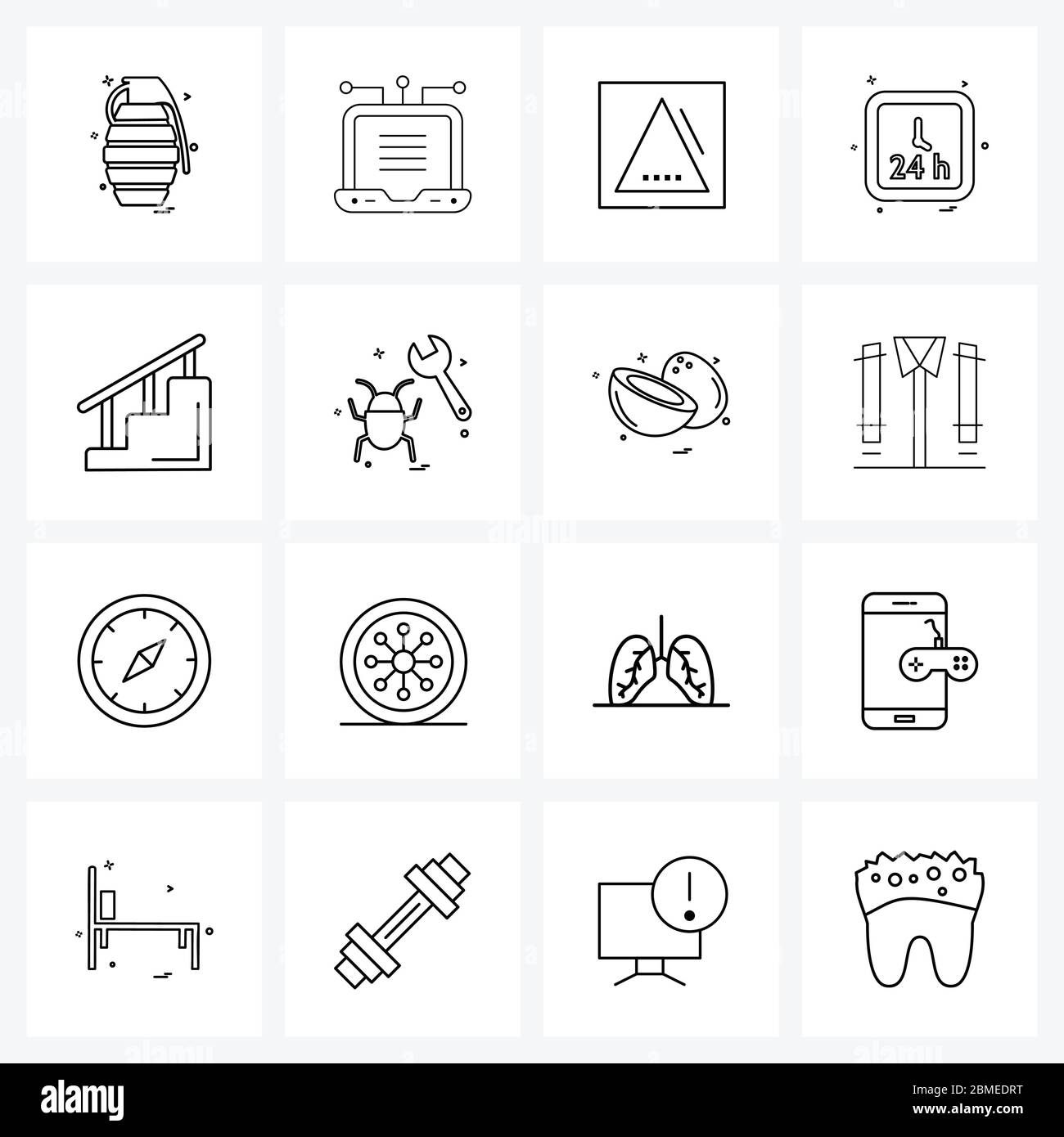 Universal Symbols of 16 Modern Line Icons of minutes, hrs ...