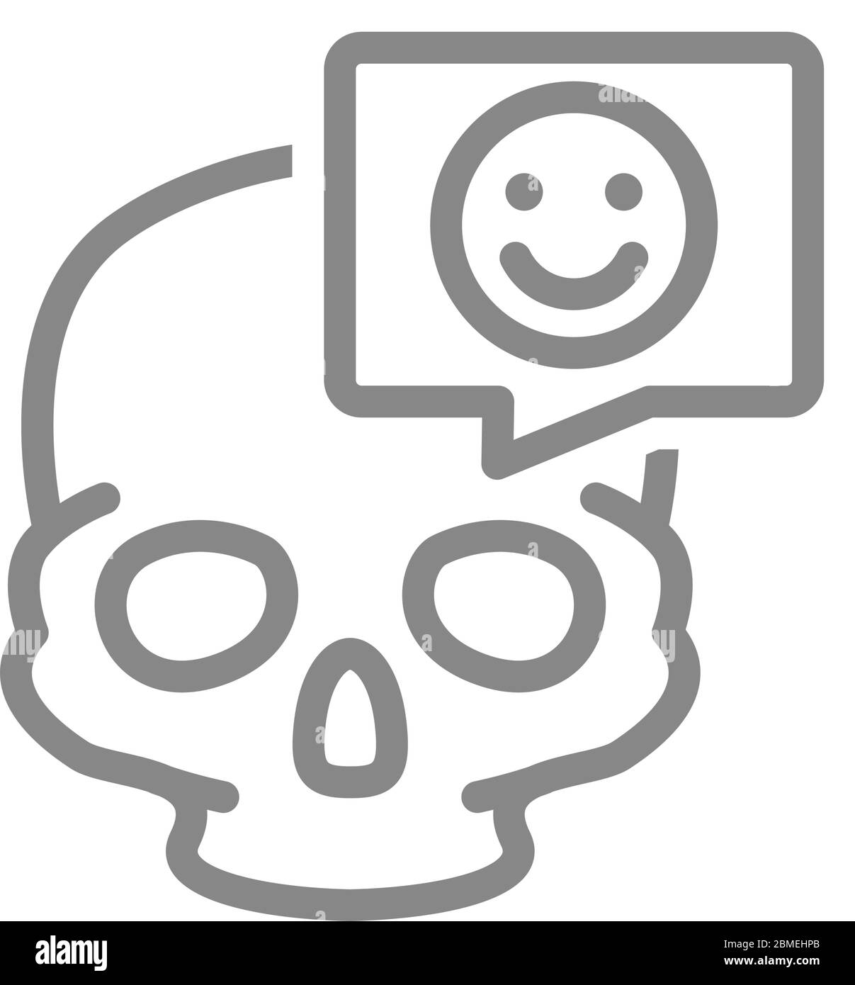 Skull with happy face in speech bubble line icon. Bone structure of the ...