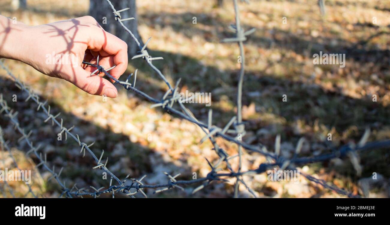 Woman's hand holding barbed wire fence for emotional captivity and ...