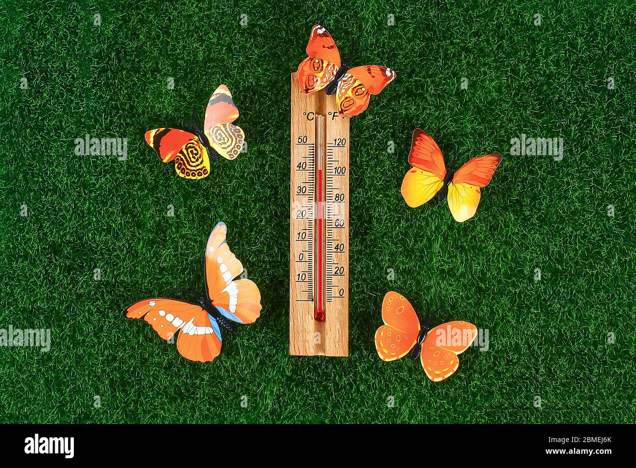 Thermometer displaying high 40 degree hot temperatures in sun summer ...