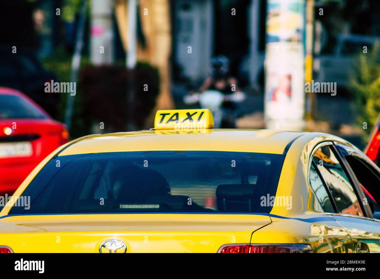 Athens Greece September 7, 2019 View of Greek yellow taxi driving ...