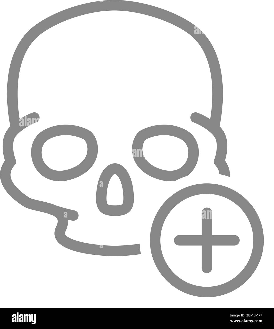 Skull with plus line icon. Bone structure of the head, cranium symbol ...