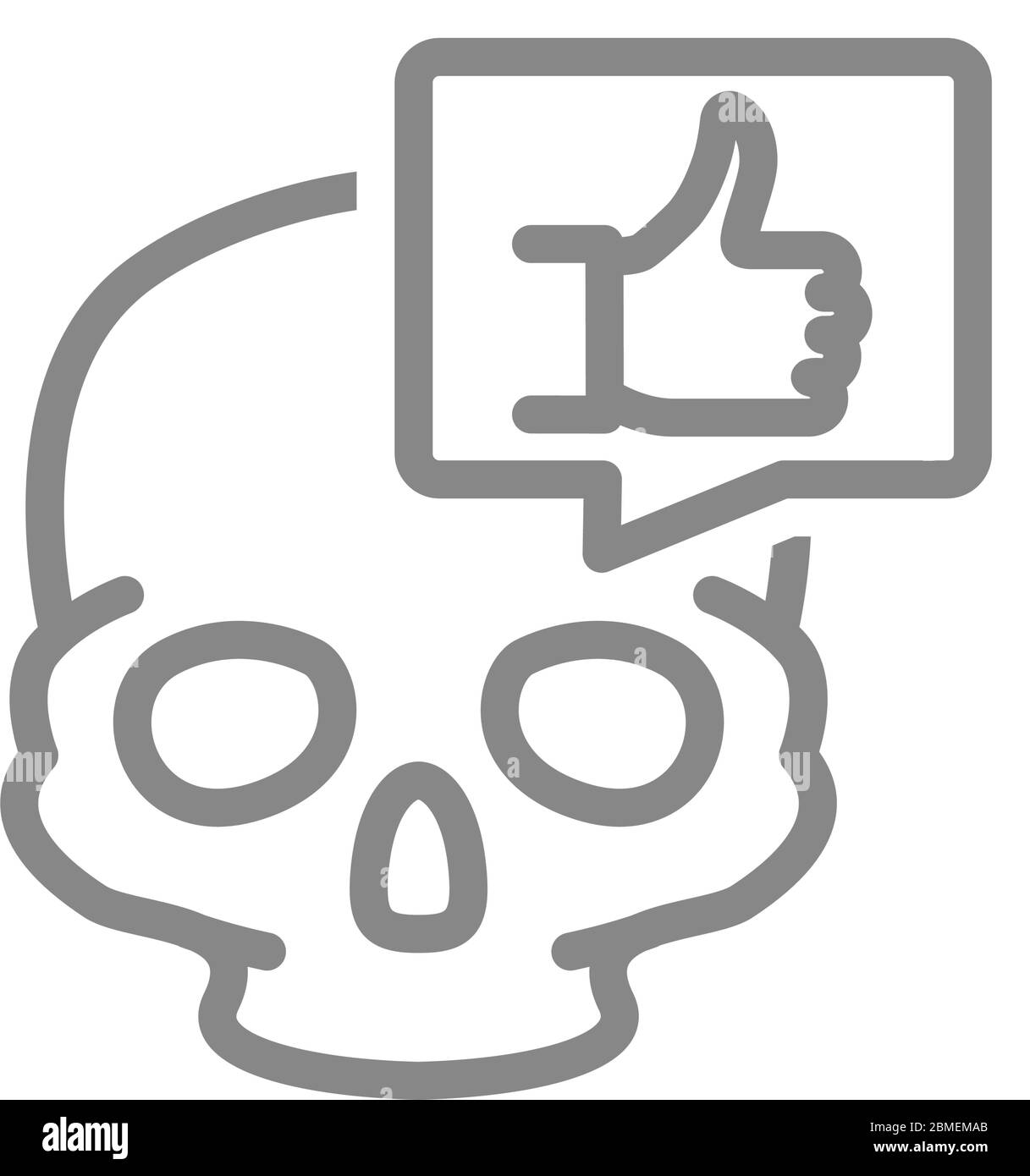 Skull with thumb up in speech bubble line icon. Bone structure of the ...