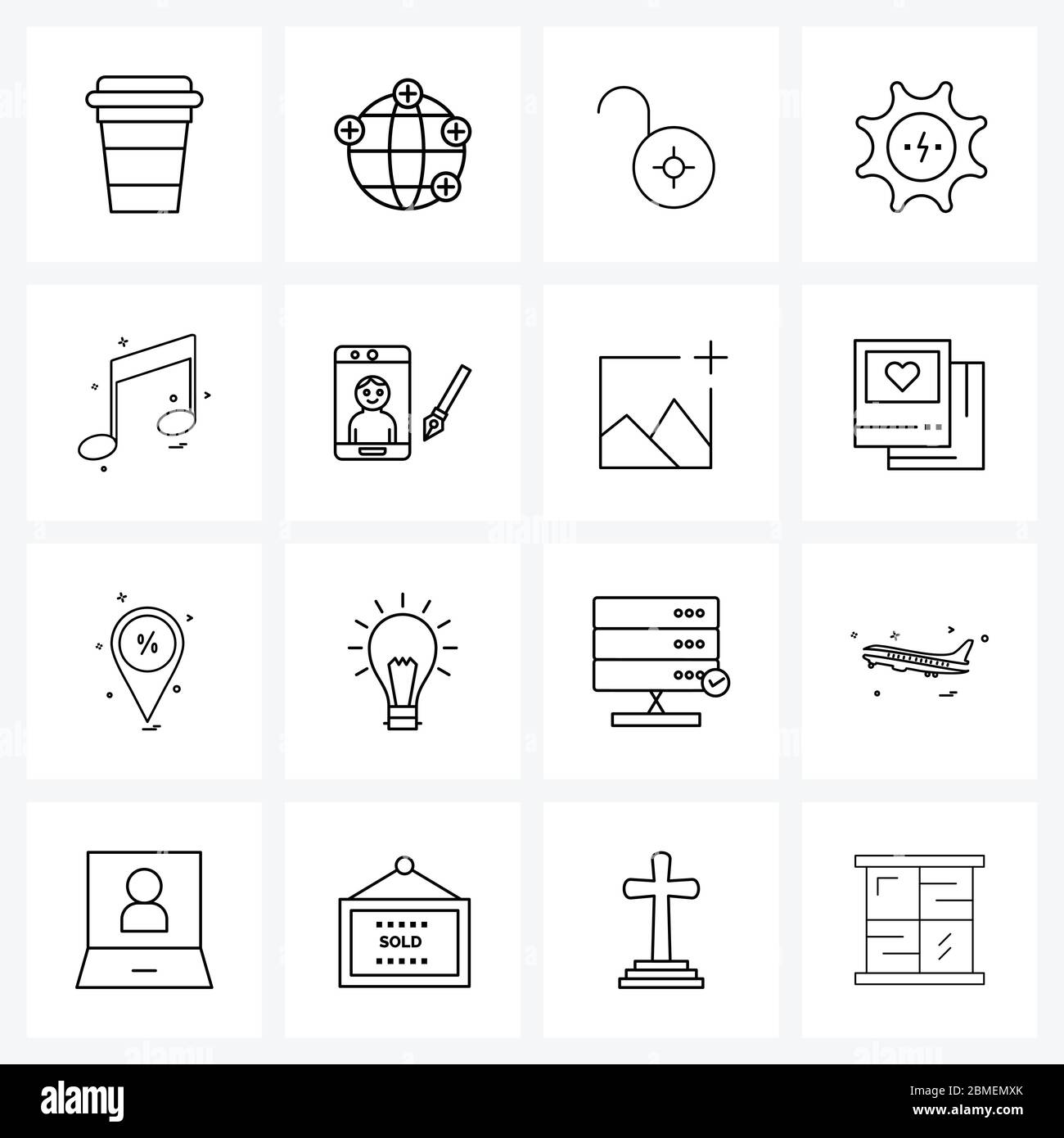 Modern Style Set of 16 line Pictograph Grid based solar, nature, key ...