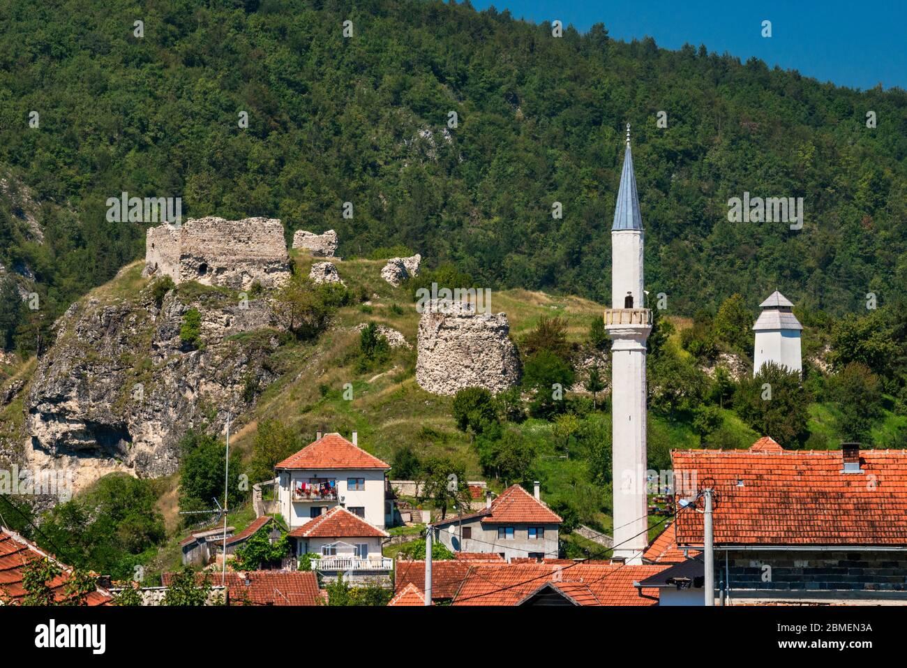 Minaret, medieval castle ruin in Prusac, hilltop village over ...