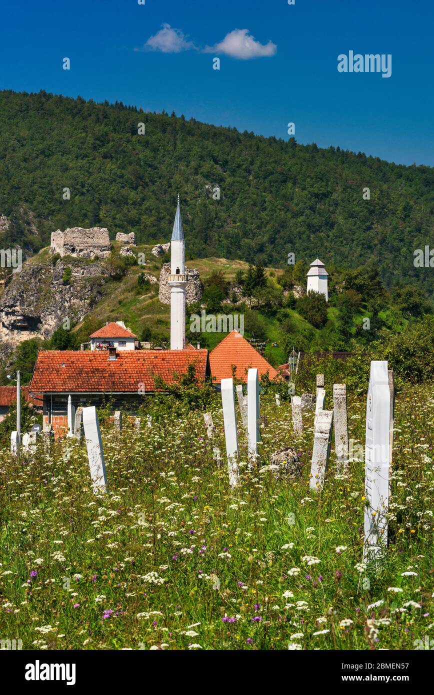 Muslim cemetery, minaret, medieval castle ruin in Prusac, hilltop ...