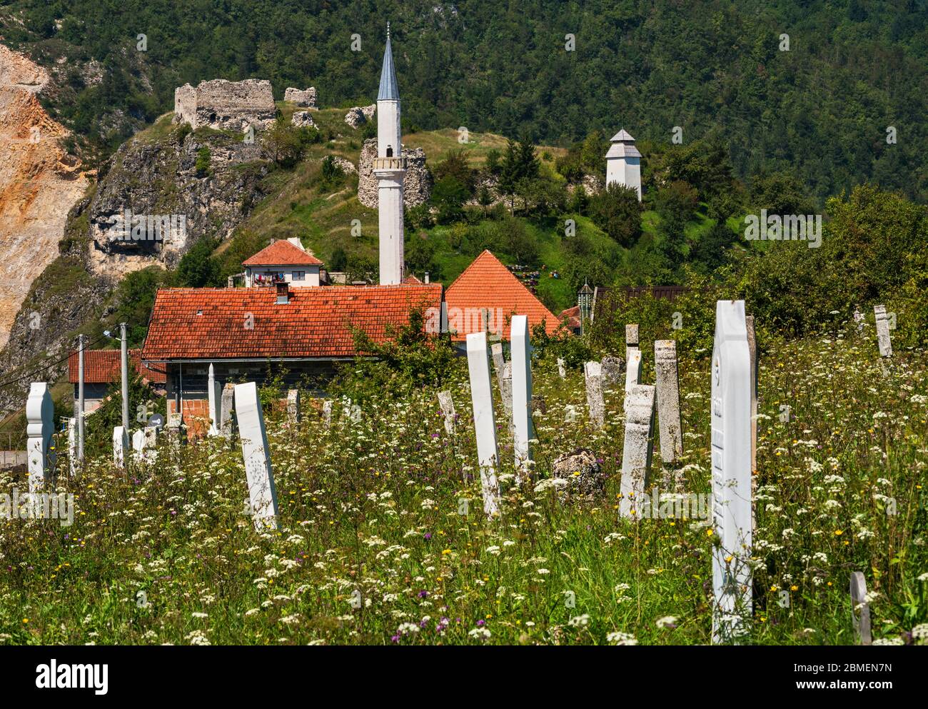Muslim cemetery, minaret, medieval castle ruin in Prusac, hilltop ...